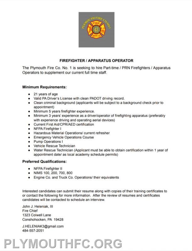 Plymouth Fire Company No. 1 Part Time/PRN Hiring Notice - Plymouth Fire ...